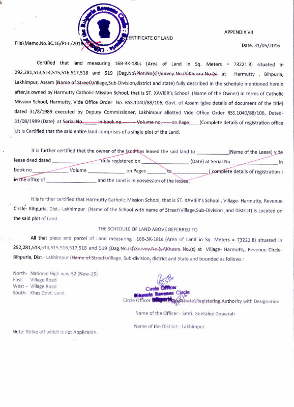 Land Certificate - ST. XAVIER'S SCHOOL - HARMUTTY